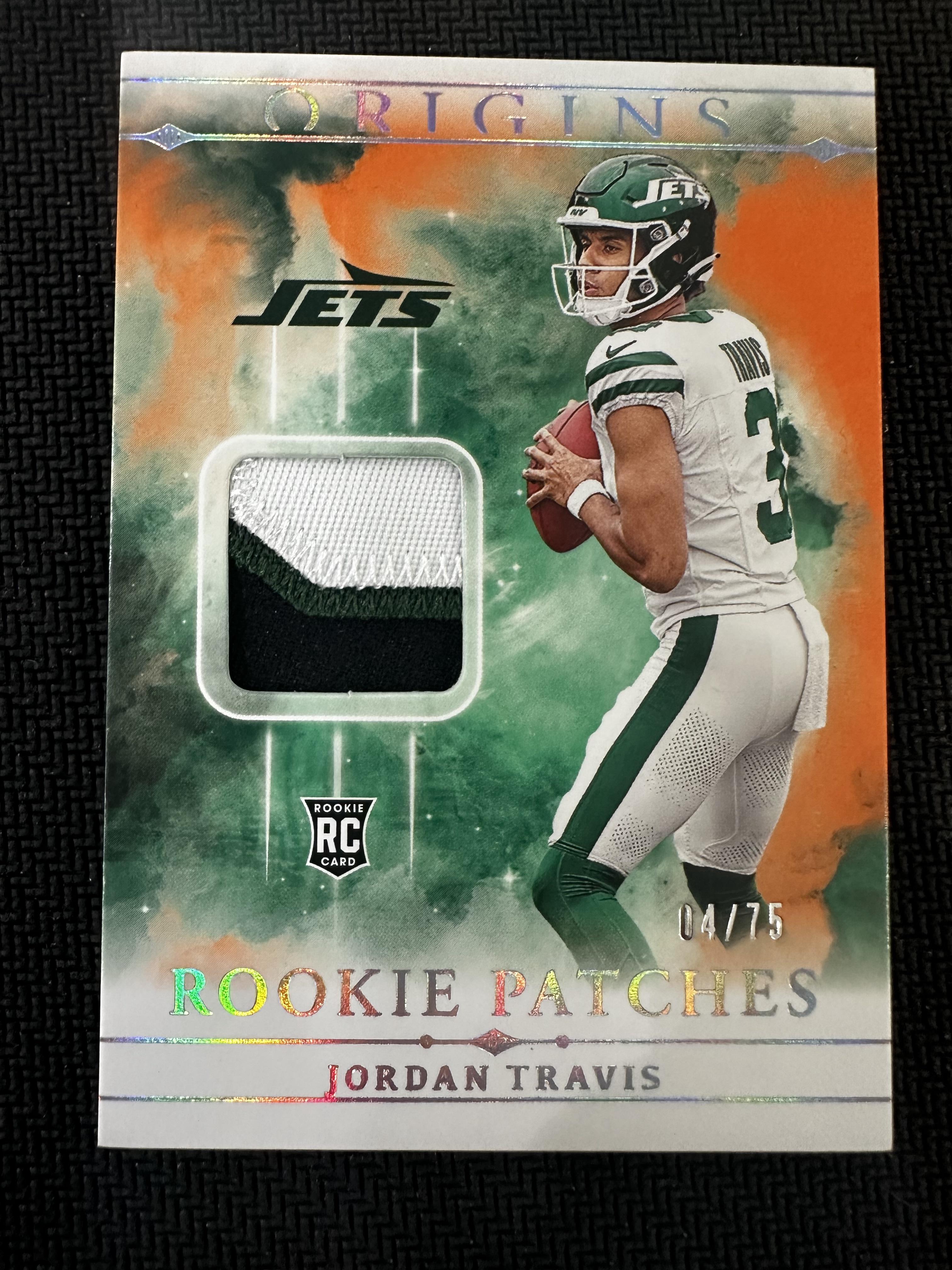 #RPT-JTR Jordan Travis 2024 Panini Origins /75 Jets Rookie Patches Ora ...