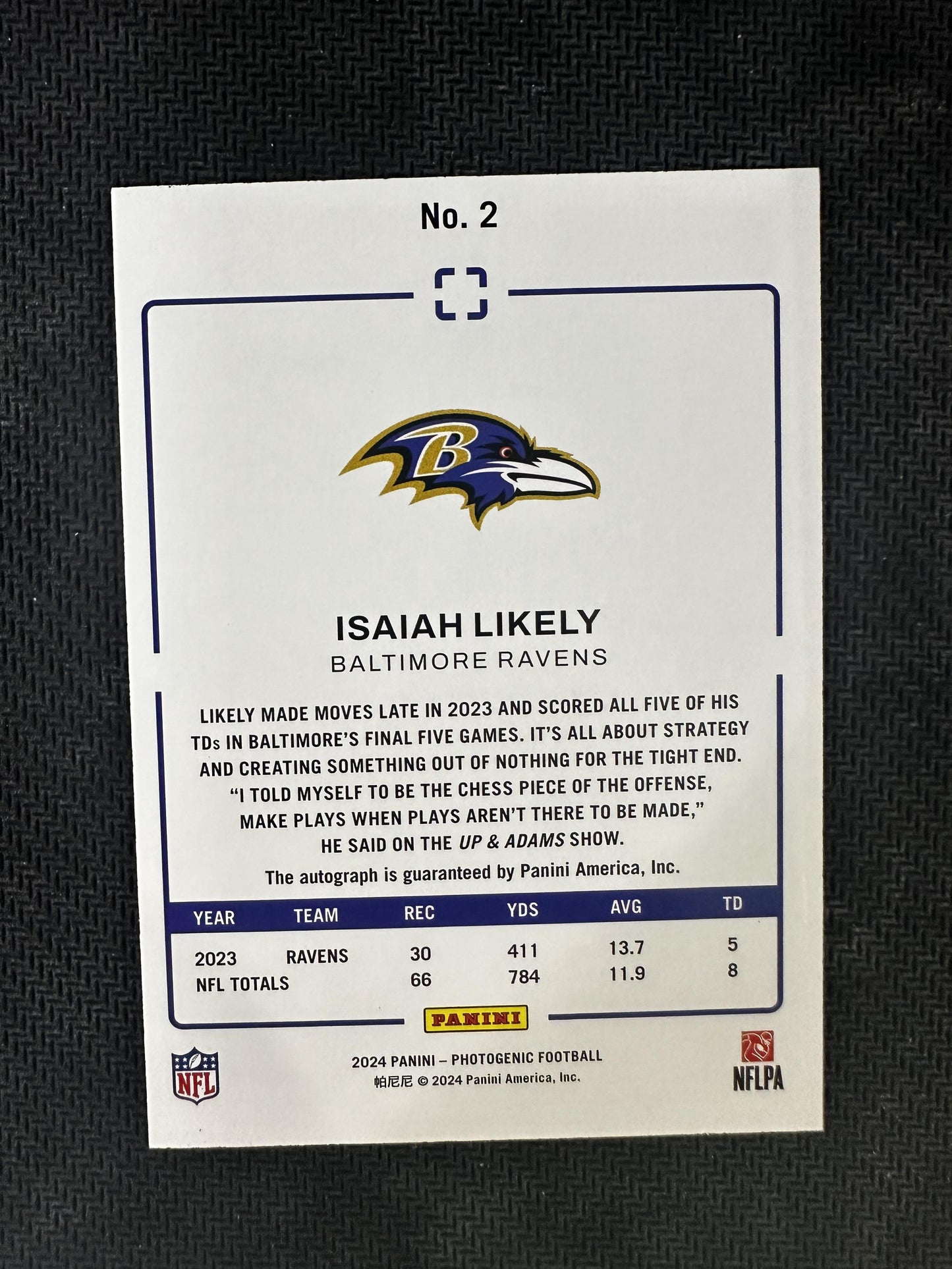 #2 Isaiah Likely 2024 Panini Photogenic AU Auto Baltimore Ravens ...